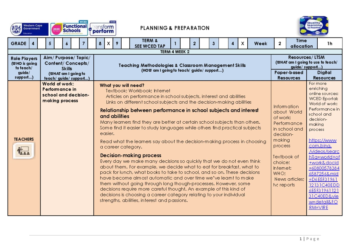Lesson Plan Gr. 8 Life Orientation Term 4 Week 2: Decision-Making ...
