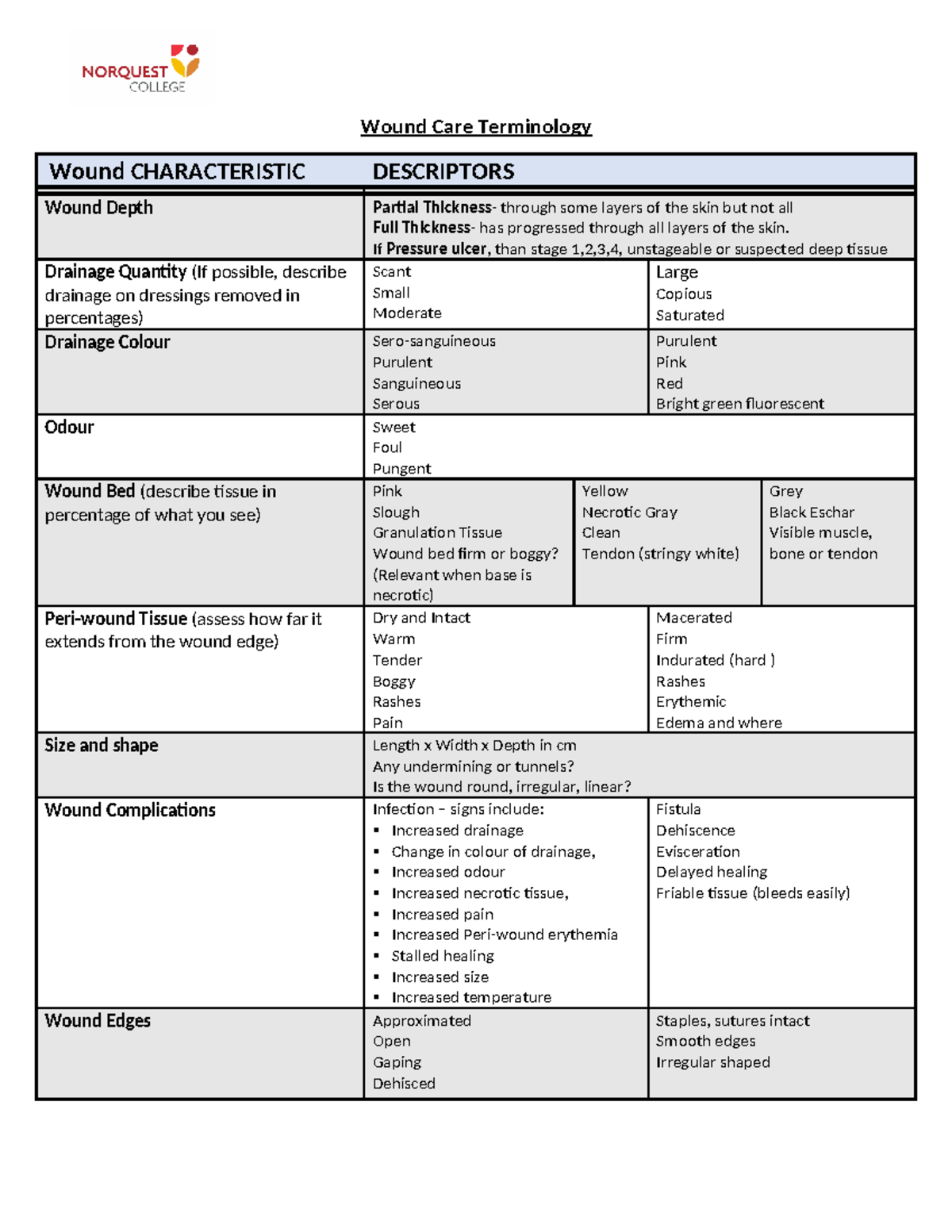 Wound care terminology and characteristic descriptors for assessment ...