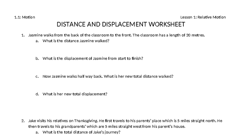 1.1: Motion Lesson 1: Distance and Displacement Worksheet - Studocu