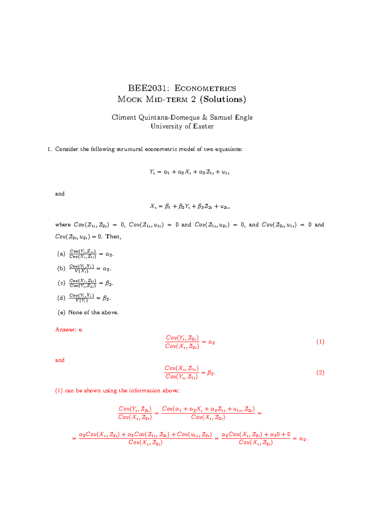 Mid term 2 mock detailed solutions 2 - BEE2031: Econometrics Mock Mid ...