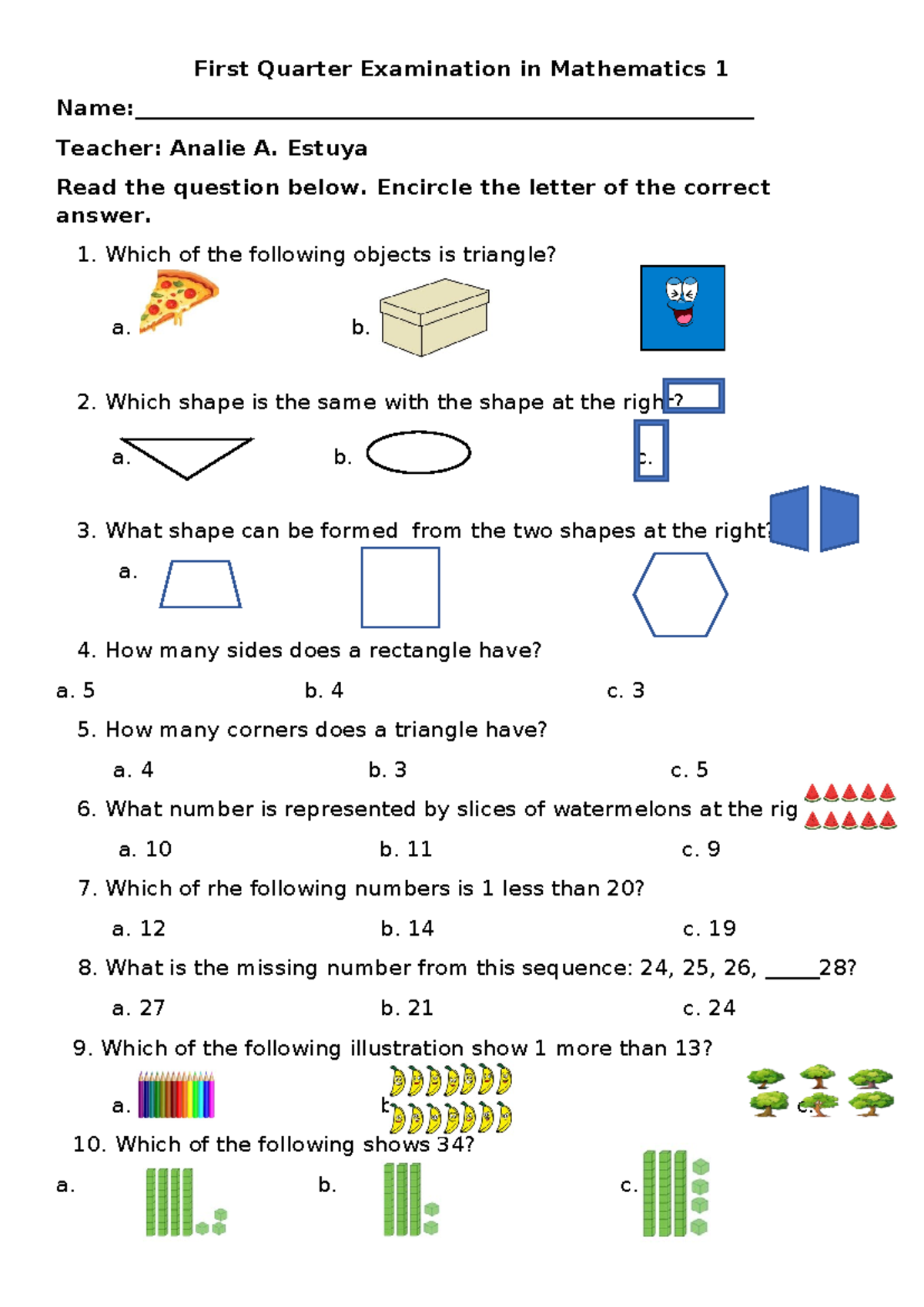 Review Test in Mathematics Grade 1 - First Quarter Examination in ...