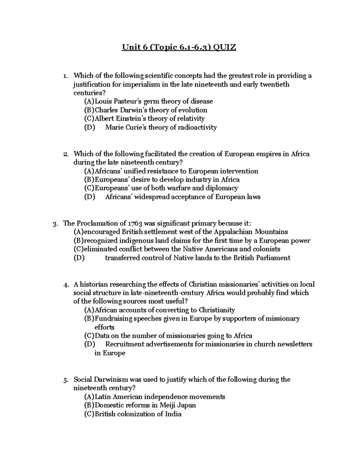 Unit 6 (Topic 6.1-6.3) Quiz Form A: Imperialism & Social Darwinism ...