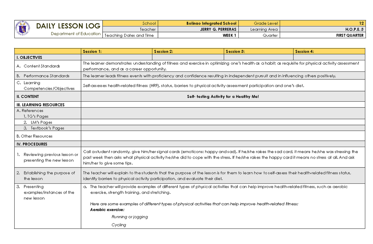 DLL Q1 WEEK 1 - Daily Lesson Plan for Health Self-Assessment - Studocu