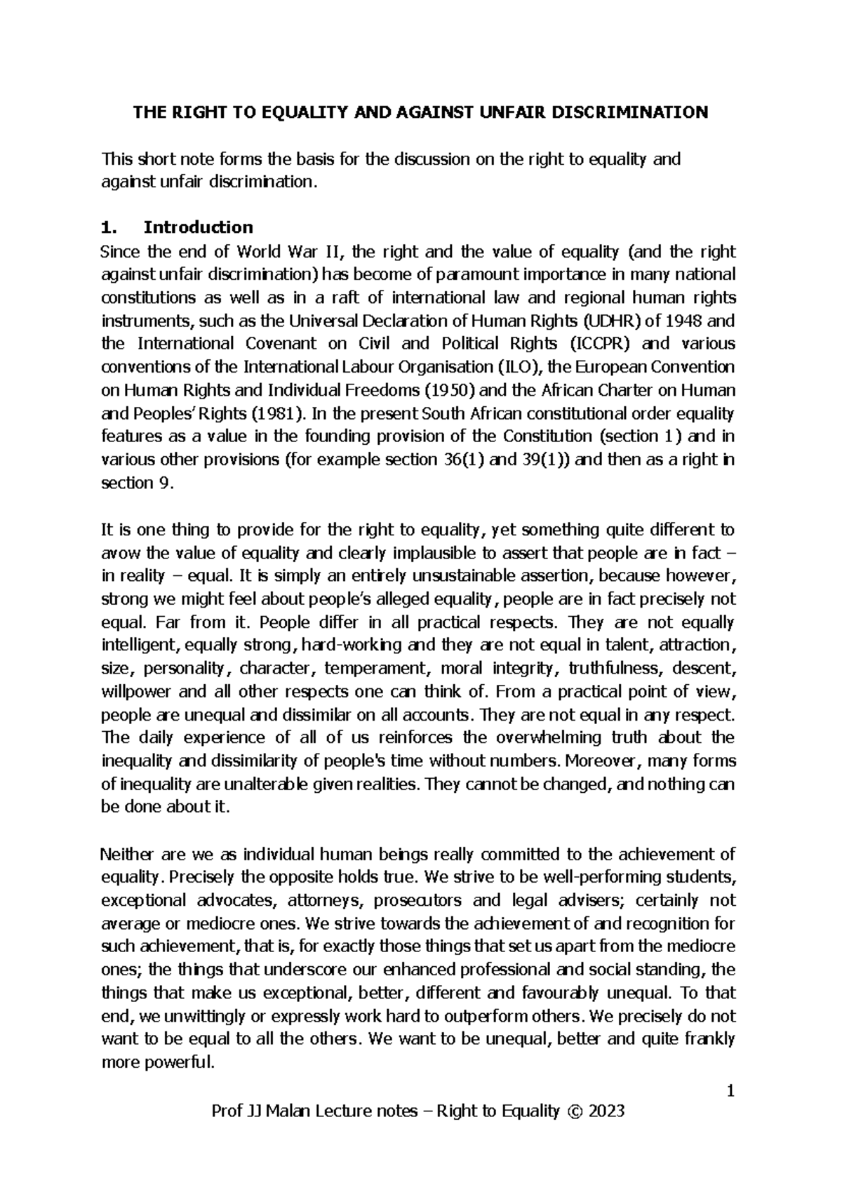 Equality and Unfair Discrimination: Lecture Notes (Course Code) - Studocu