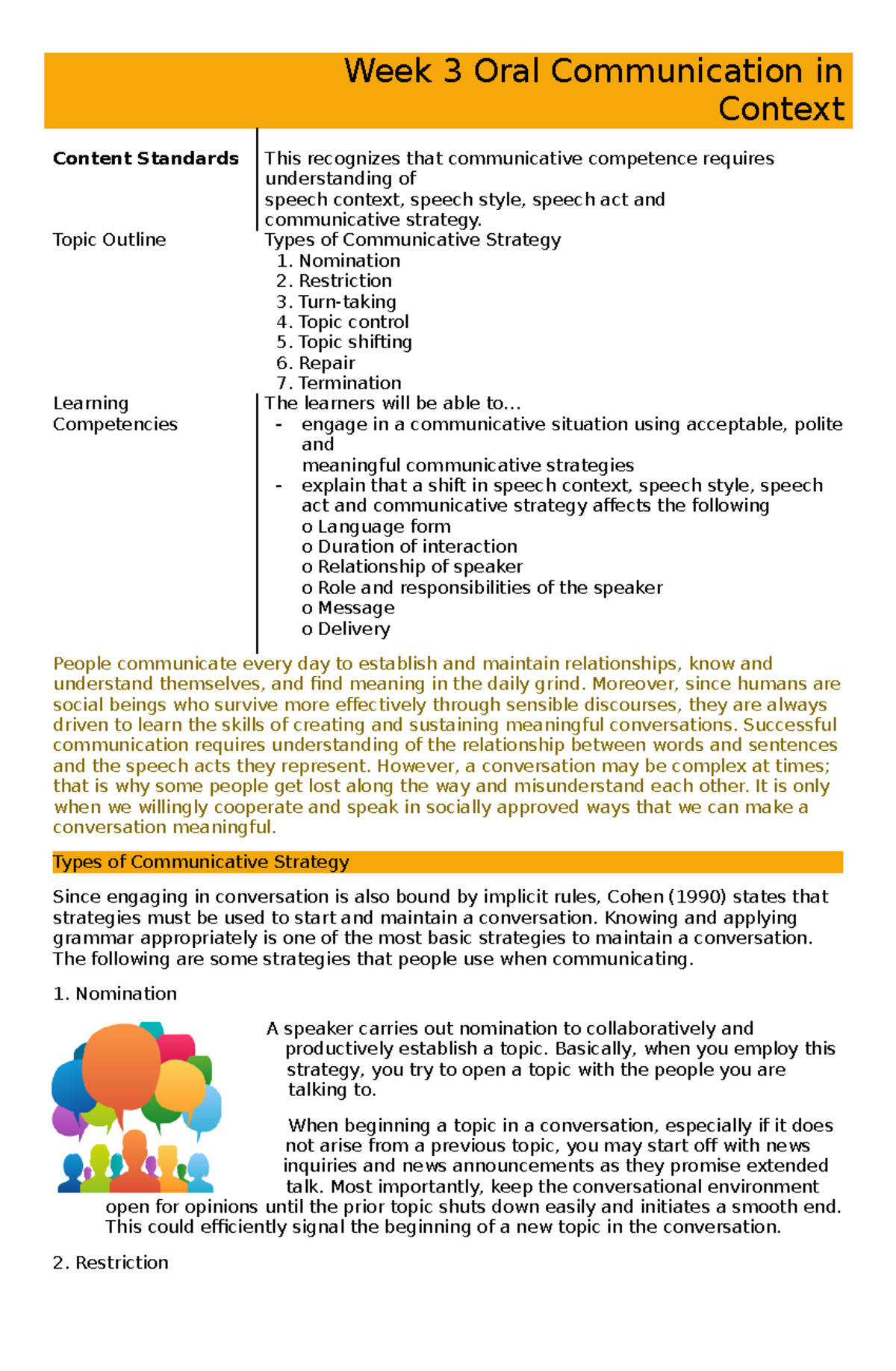 Oral Communication, Week 3 - Week 3 Oral Communication in Context ...