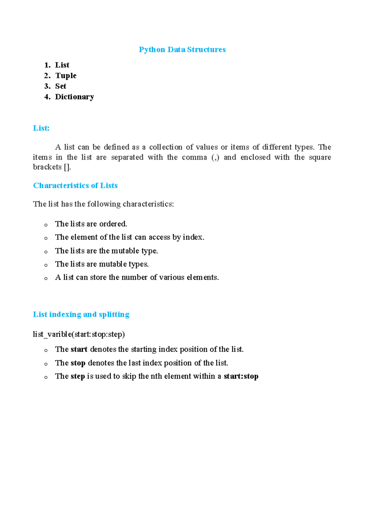 Data Structures in Python (CS101): List, Tuple, Set, Dictionary - Studocu