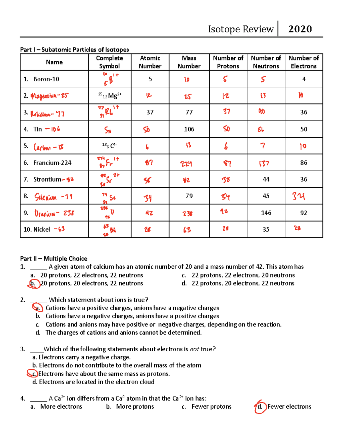 Isotope Review for Chemistry 101: Subatomic Particles & MCQs - Studocu