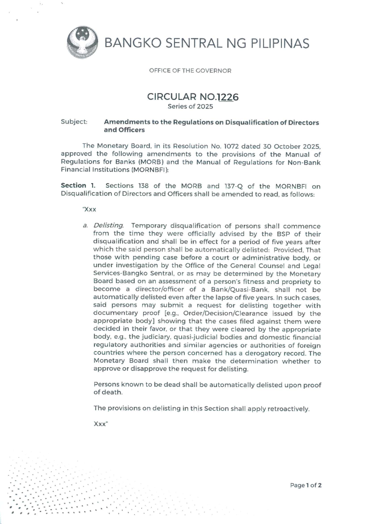 BSP Circular No. 1226 - Amendments on Disqualification of Directors ...