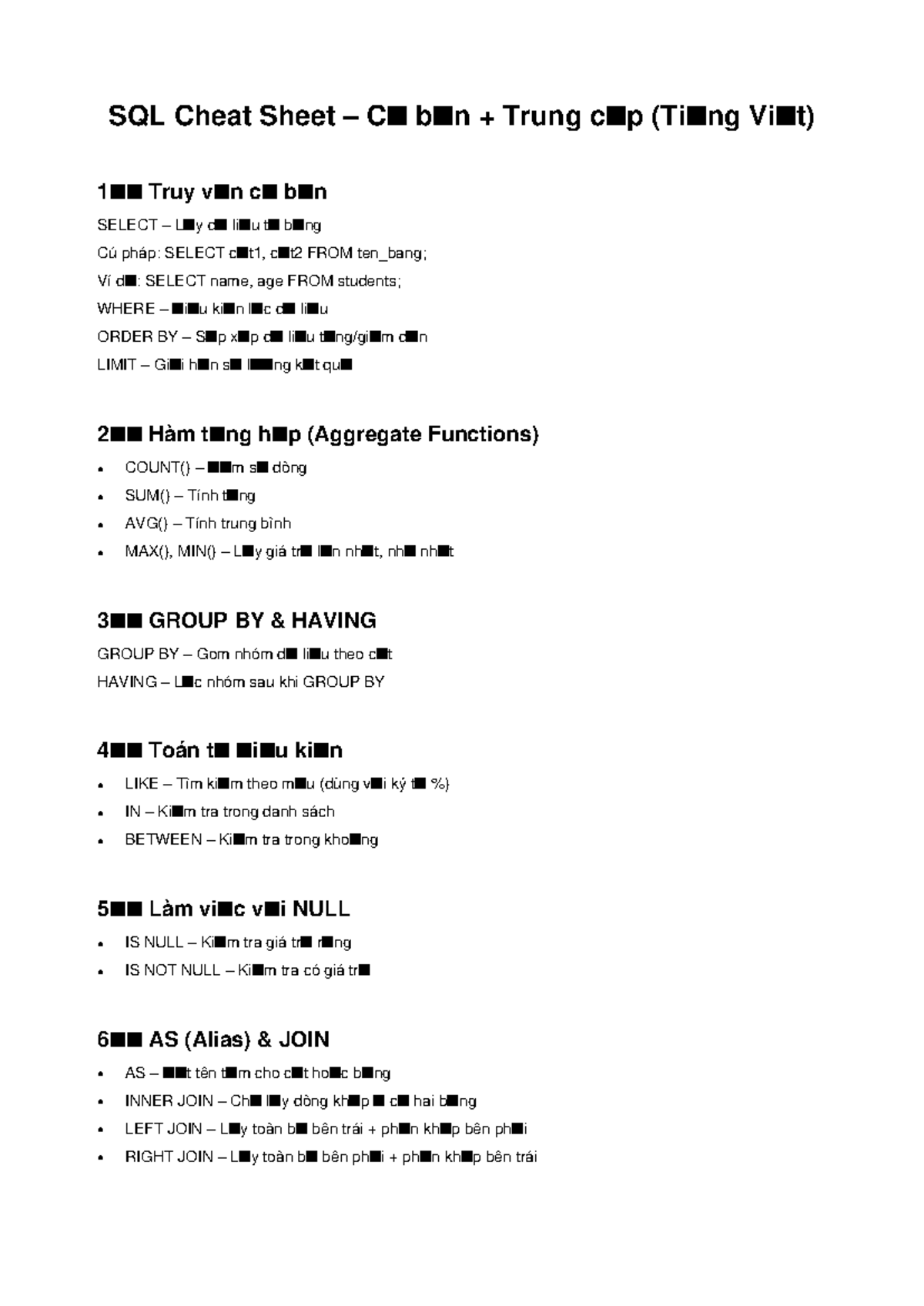 SQL Cheat Sheet: Cú Pháp và Hàm Cơ Bản (Tiếng Việt) - Studocu