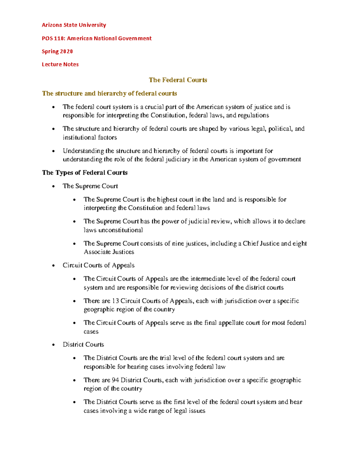 POS 110 Lecture notes 15 The Federal Courts - POS 110: American ...