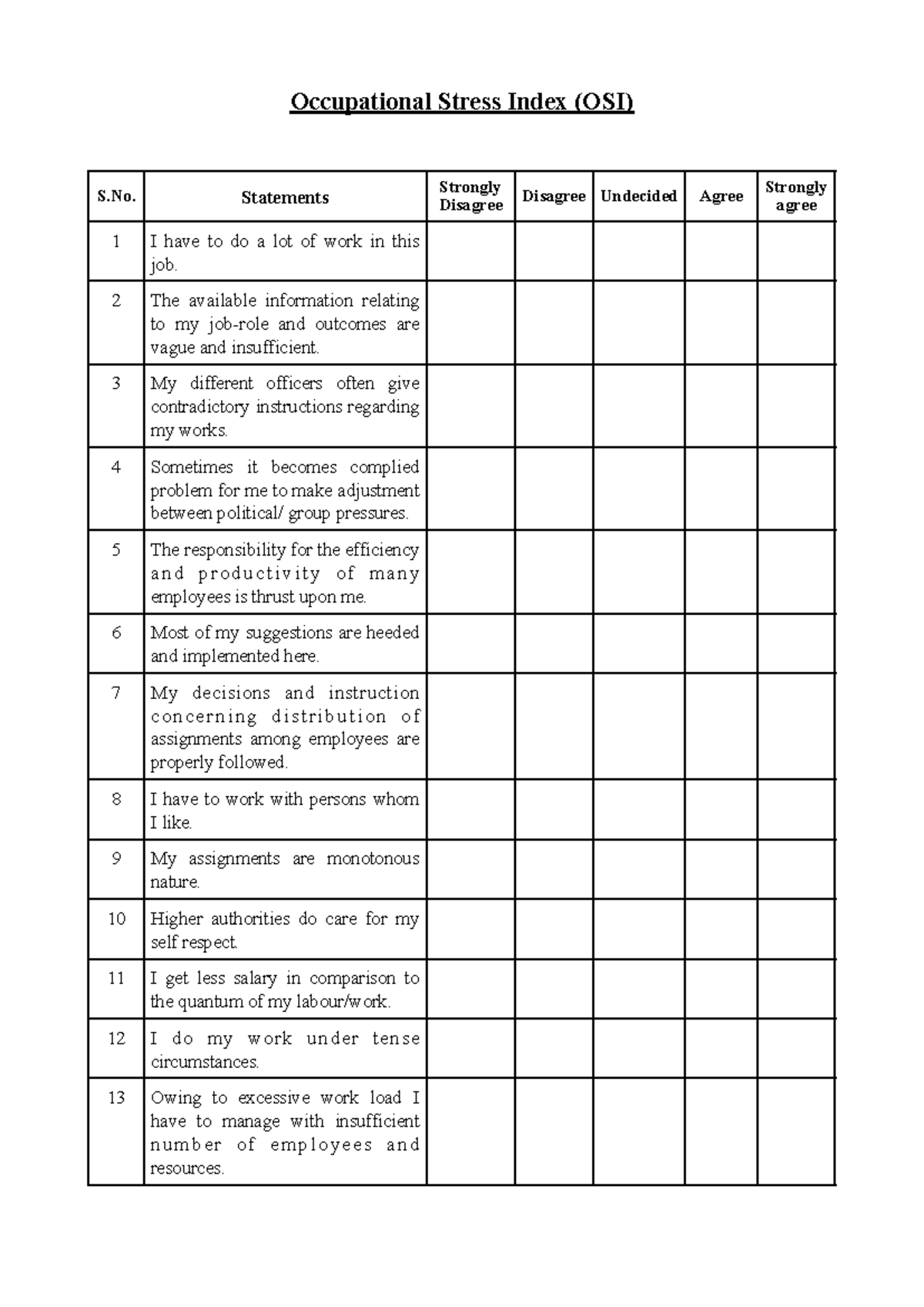 OSI - Occupational Stress Index Questionnaire Analysis - Studocu
