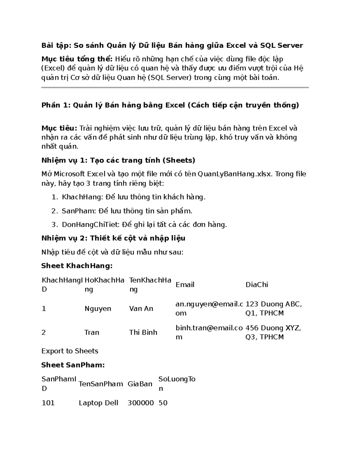 Bài tập: So sánh Quản lý Dữ liệu Bán hàng giữa Excel và SQL Server ...