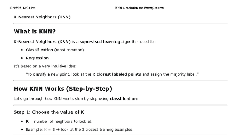 KNN (K-Nearest Neighbors) Conclusion & Examples Guide - Studocu