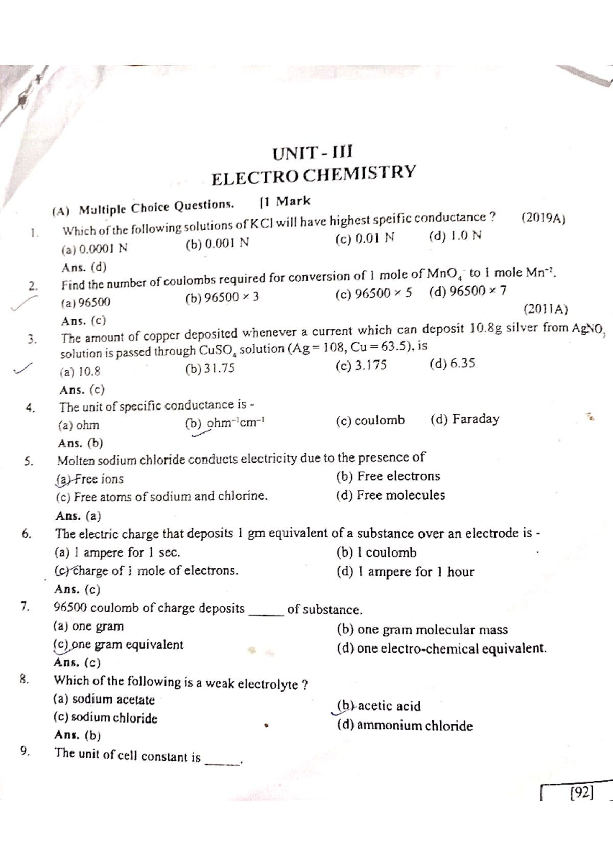 Electrochemistry extra questions - UNIT ELECTRO CHEMISTRY (A) Multiple ...