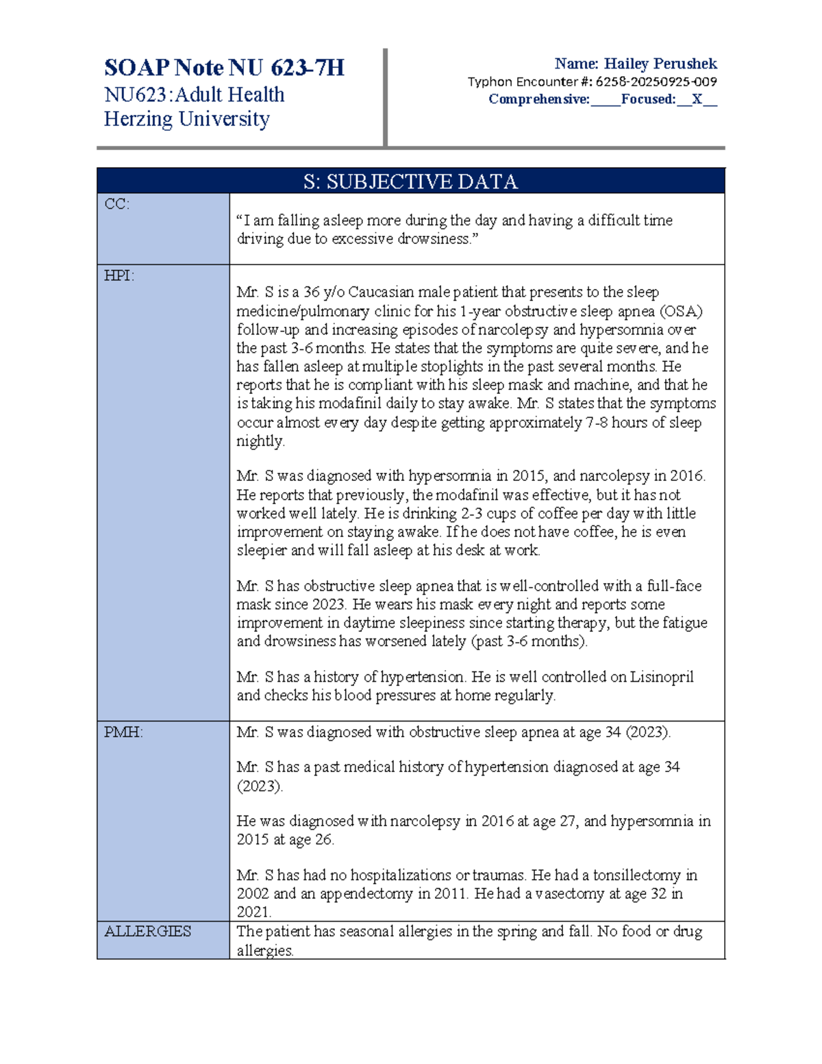 SOAP Note Example: Week 5 - NU623 Adult Health at Herzing University ...