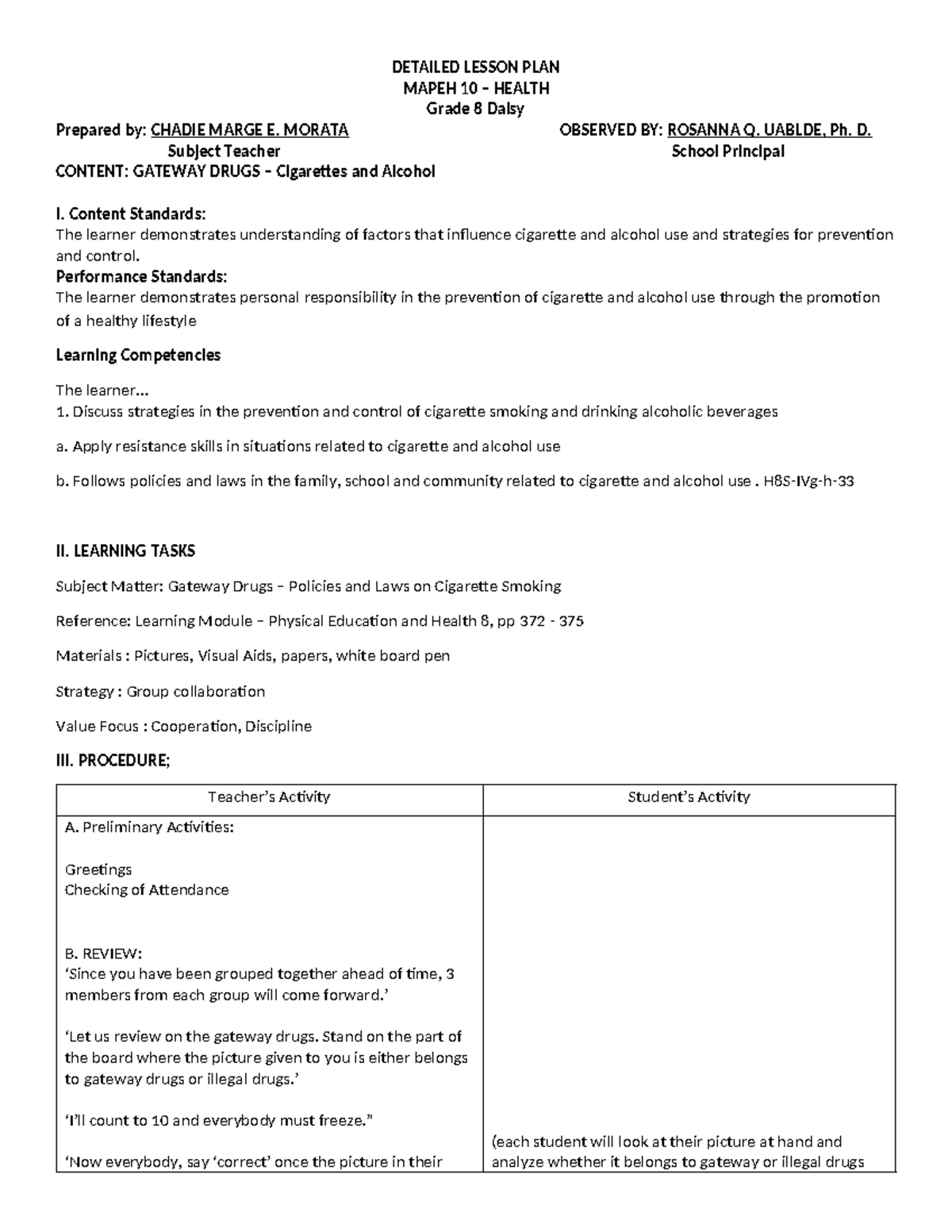 507593180 DLP Grade 8 Lesson Plan: Understanding Gateway Drugs - Studocu