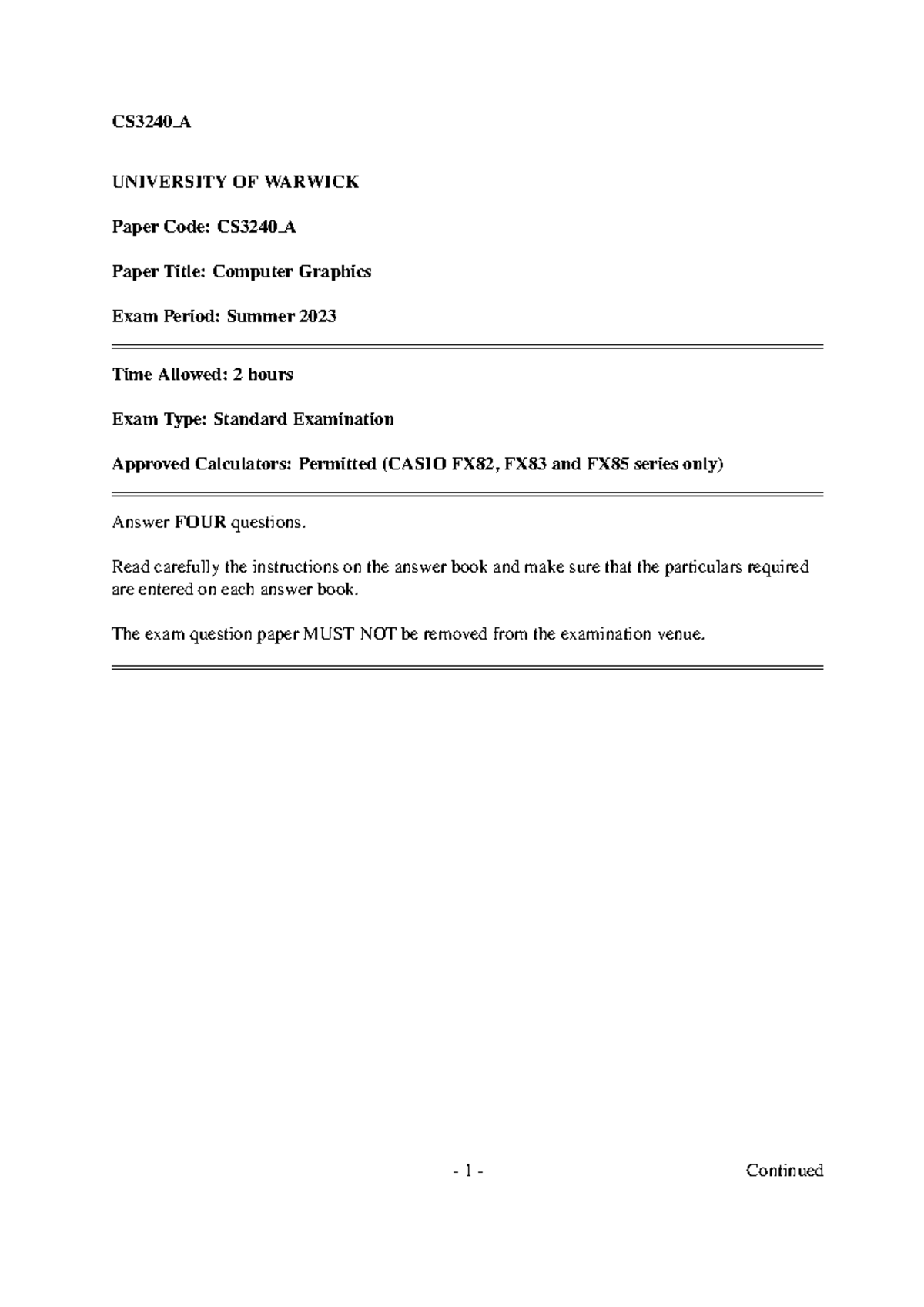 CS3240 A Computer Graphics Summer 2023 Exam Paper - Studocu