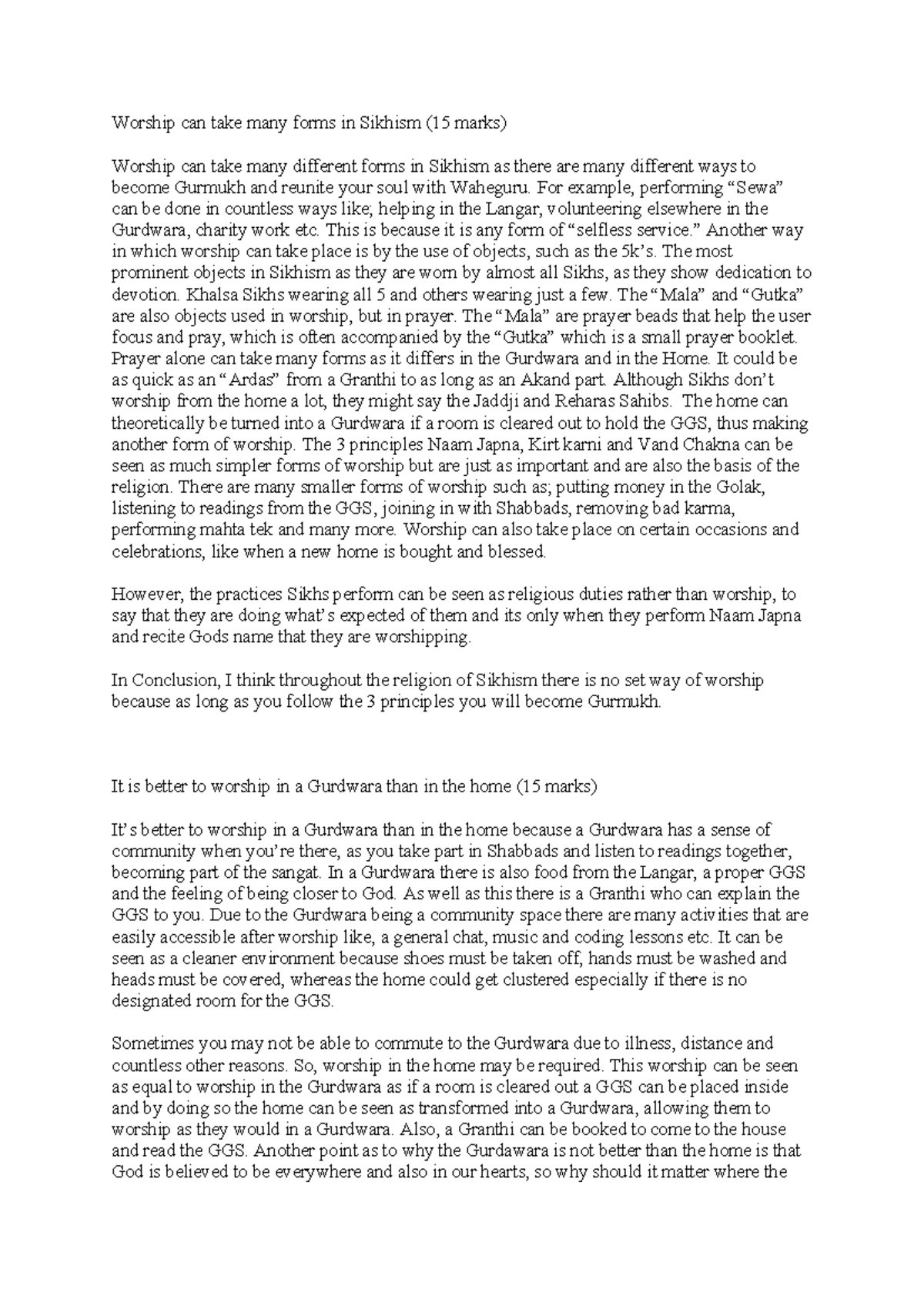 Sikhism Worship Practices: Gurdwara vs Home (15 Marks) - Studocu