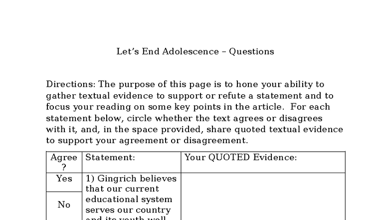 Lets End Adolescence - Questions for Textual Evidence Analysis - Studocu