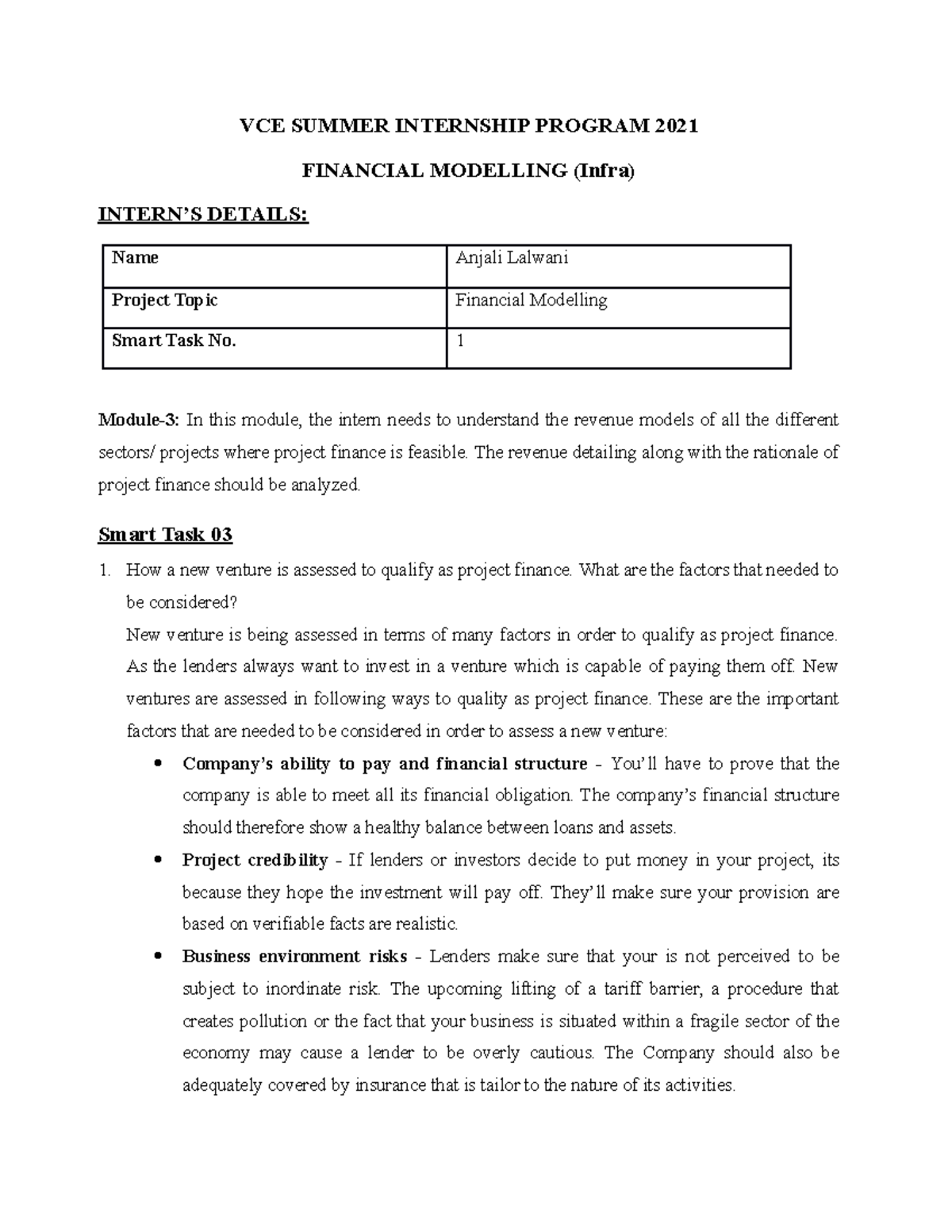 VCE Smart task 03 - VCE SUMMER INTERNSHIP PROGRAM 2021 FINANCIAL ...