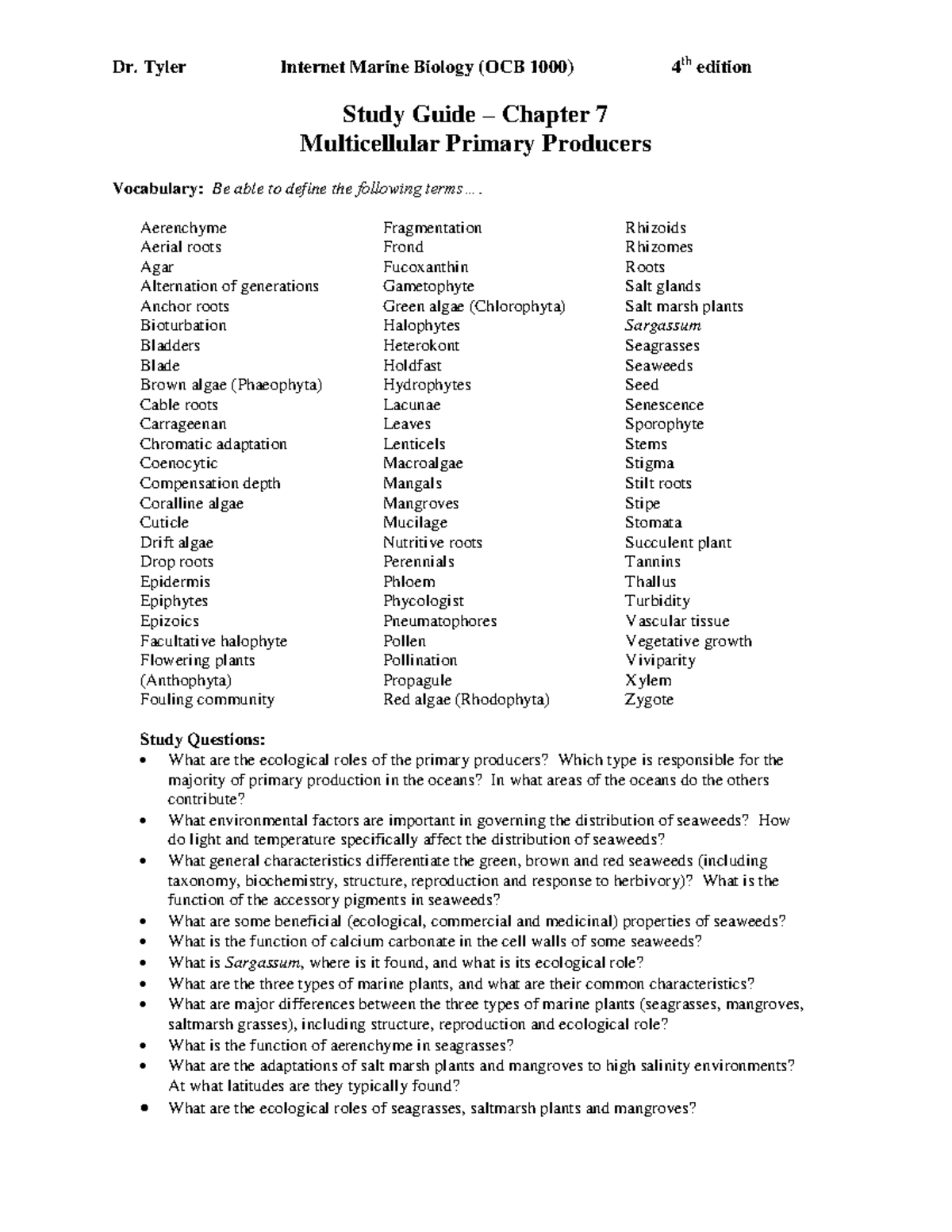 Study Guide – Marine Botany and Primary Producers (OCB 1000) - Dr ...