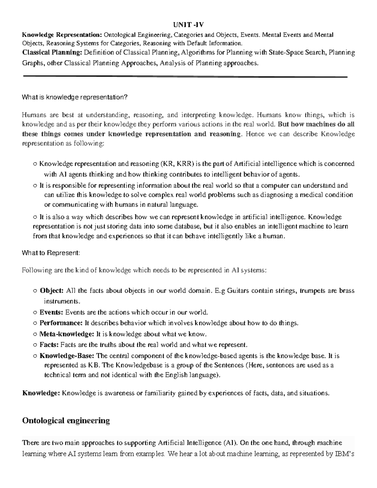 AI - Unit 4: Knowledge Representation, Ontological Engineering, and Reasoning - Studocu