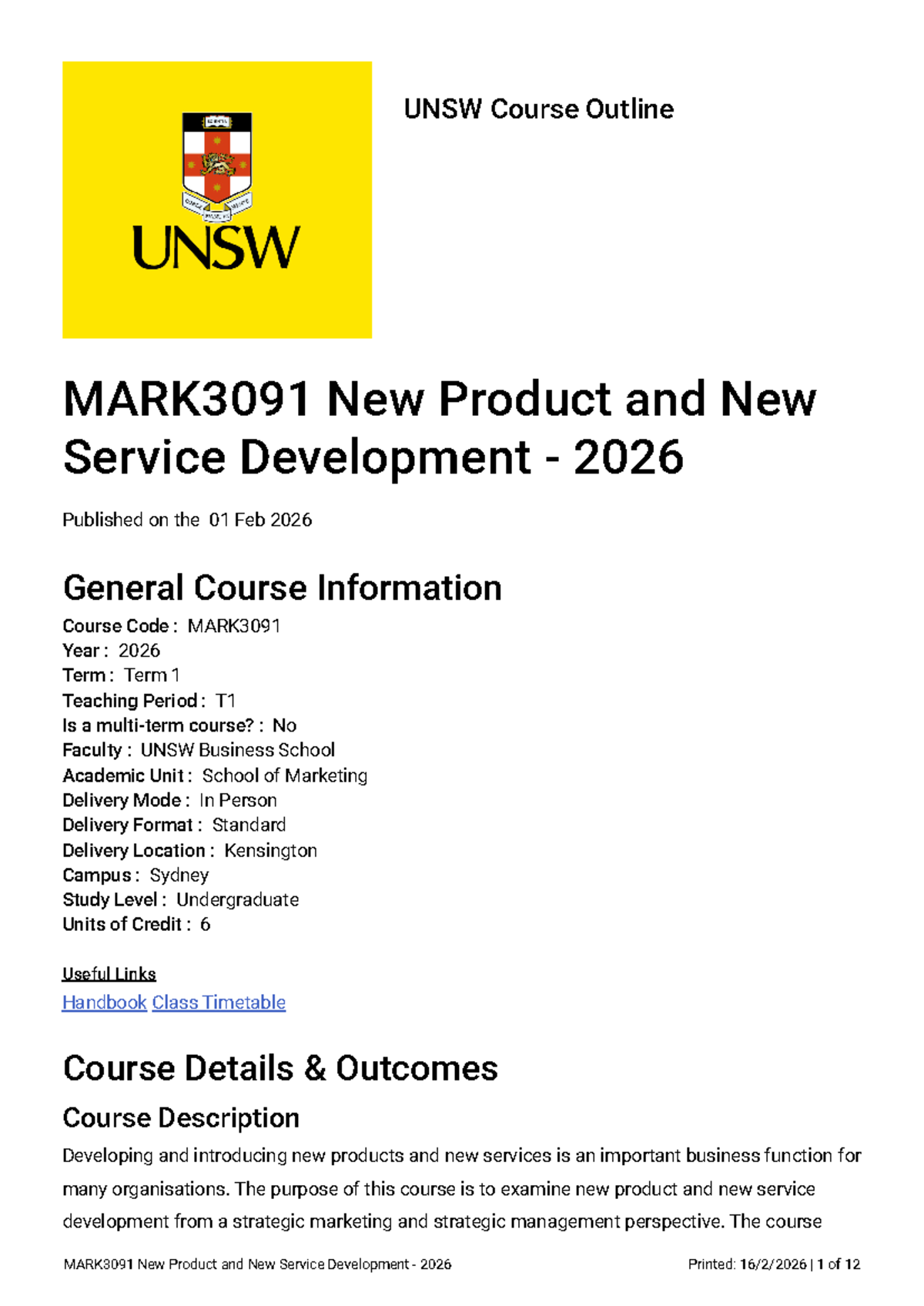 MARK3091 Course Outline: New Product & Service Development 2026 - Studocu