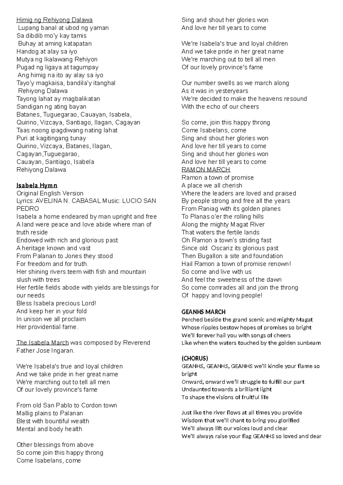 Hymns and Marches of the Isabela Region: Lyrics Collection - Studocu