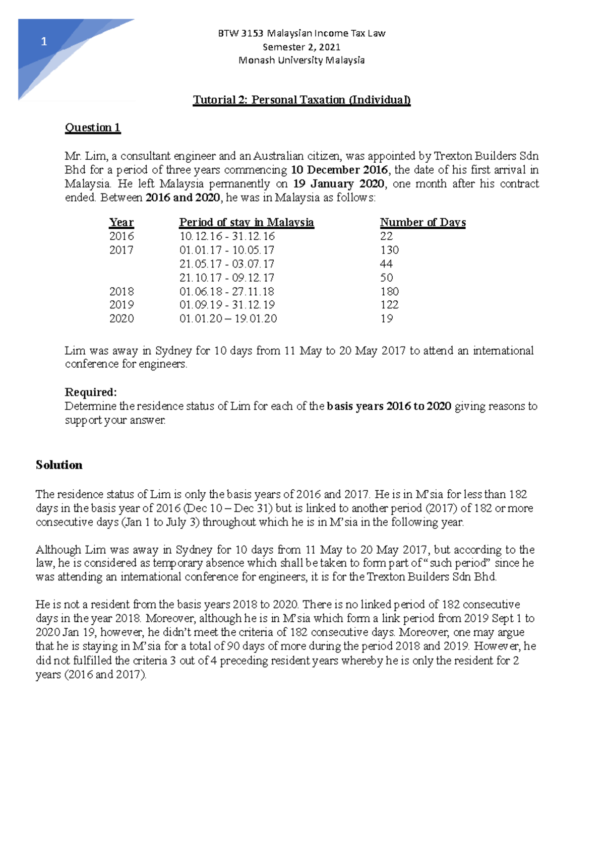 MITL Tutorial 2 Questions - 1 BTW 3153 Malaysian Income Tax Law ...