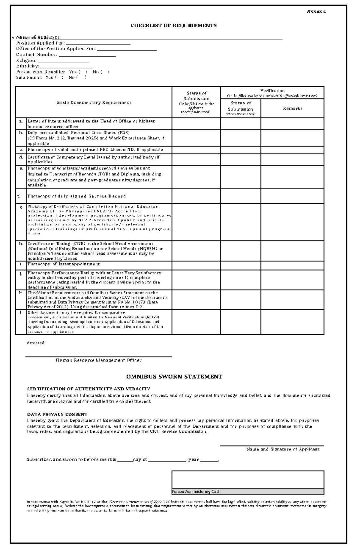 Annex C: Checklist of Requirements & Omnibus Sworn Statement - Studocu
