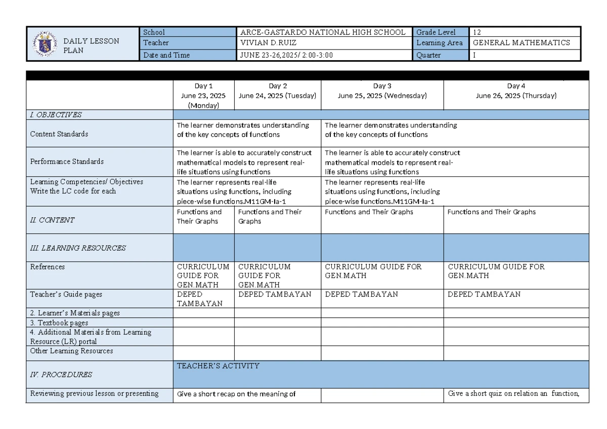 GRADE 11 GENERAL MATHEMATICS DAILY LESSON LOG - JUNE - Studocu