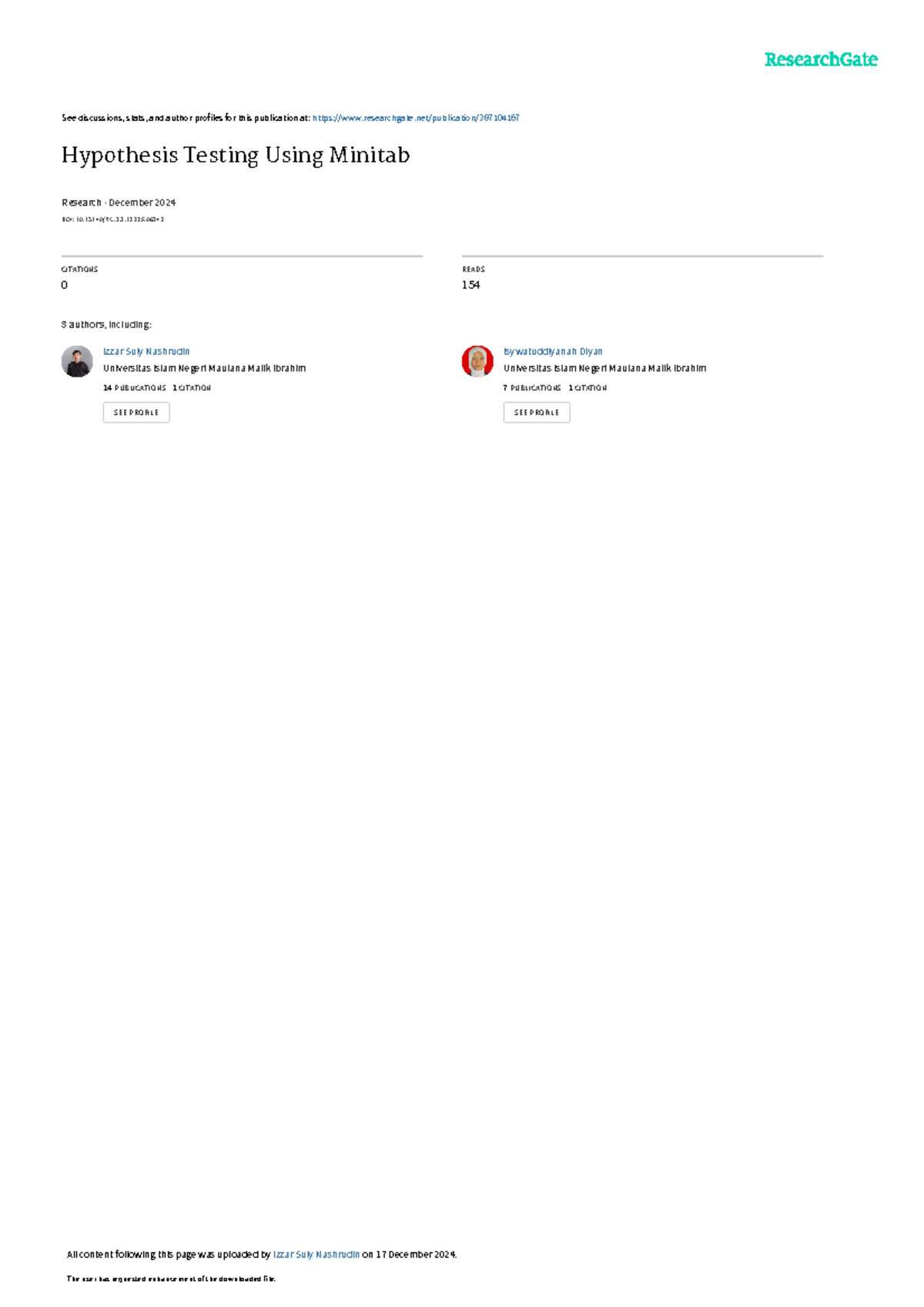 Hypothesis Testing in Elementary Statistics Using Minitab (MATH 101 ...