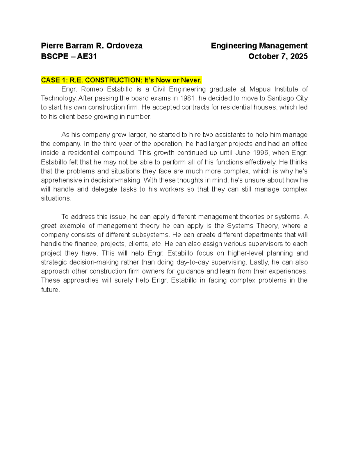 BSCPE AE31 Engineering Management Case Study: Water Management ...