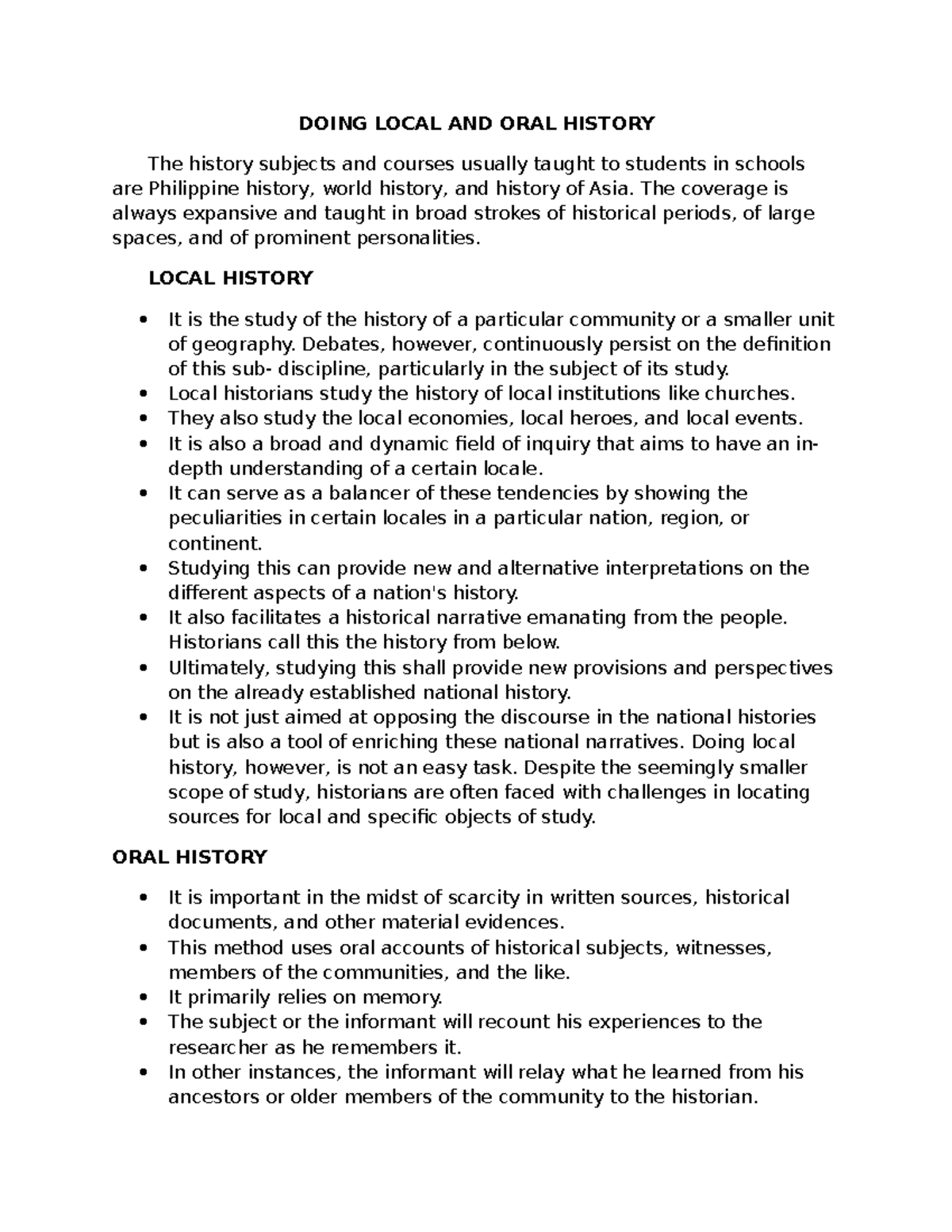 Doing Local and Oral History: Insights on Community Narratives - Studocu