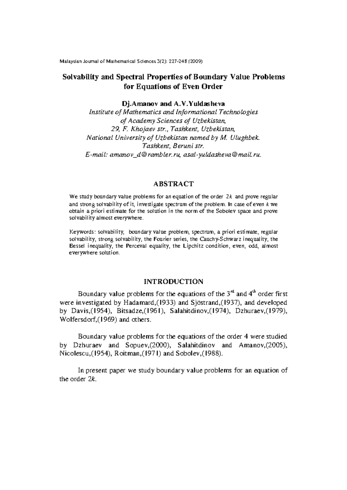 Solvability and Spectral Properties of Even Order Boundary Value ...