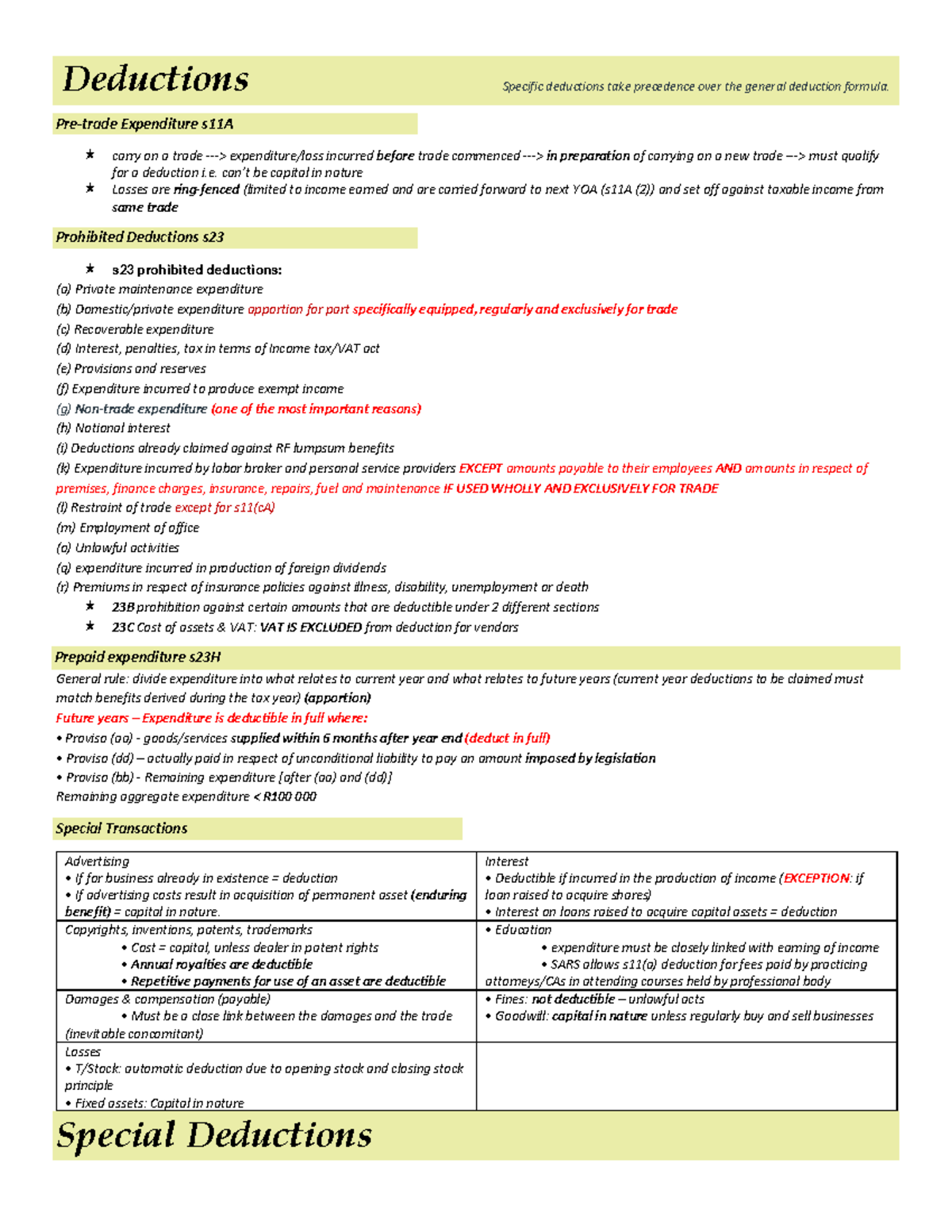 General Deductions and Prohibited Expenditures in Tax Law (s11A, s23 ...