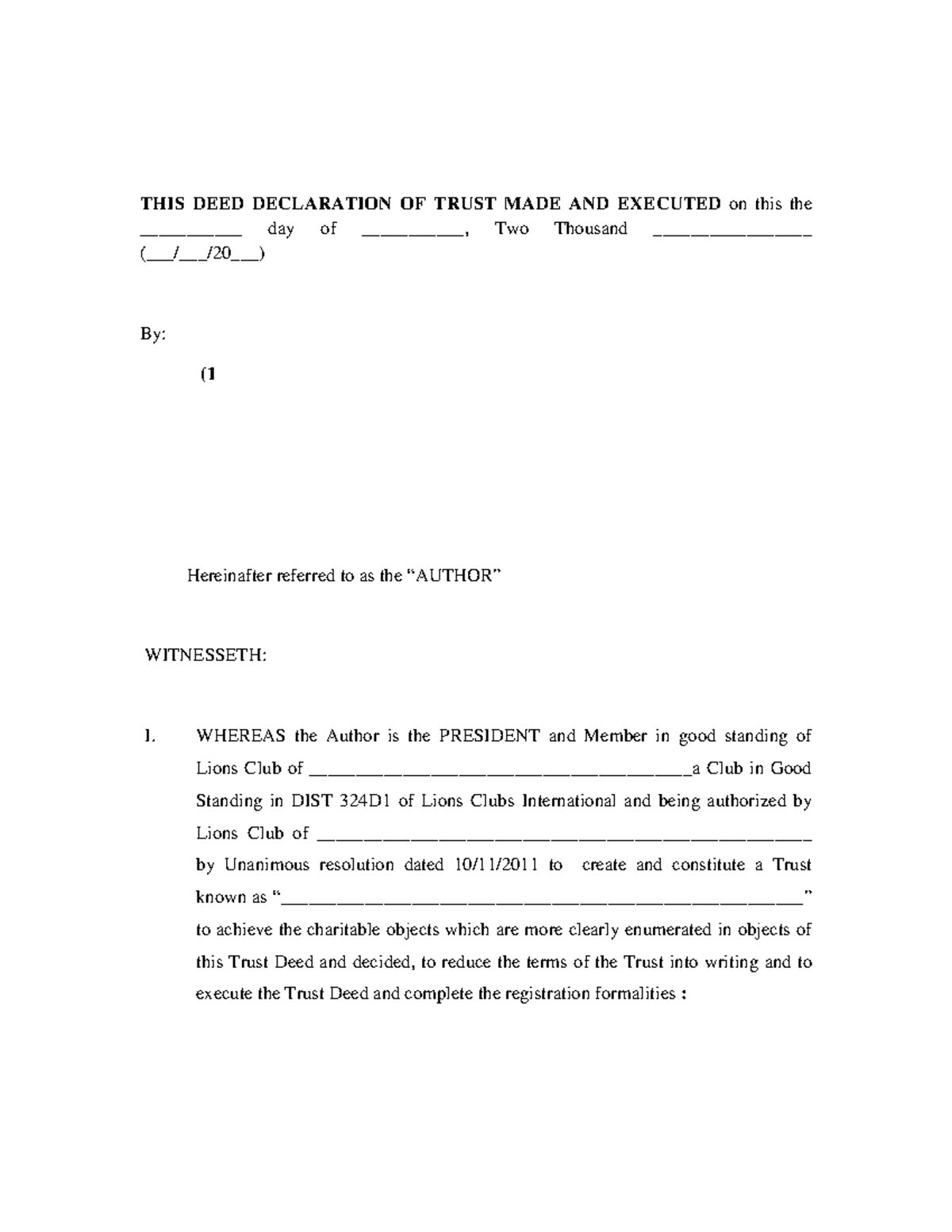 Lions Club Trust Deed: Establishment and Objectives Overview - Studocu