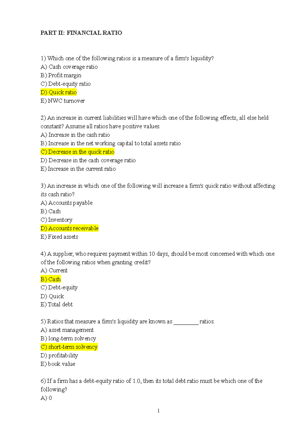 PART II: Key Financial Ratios Analysis and Questions - Studocu