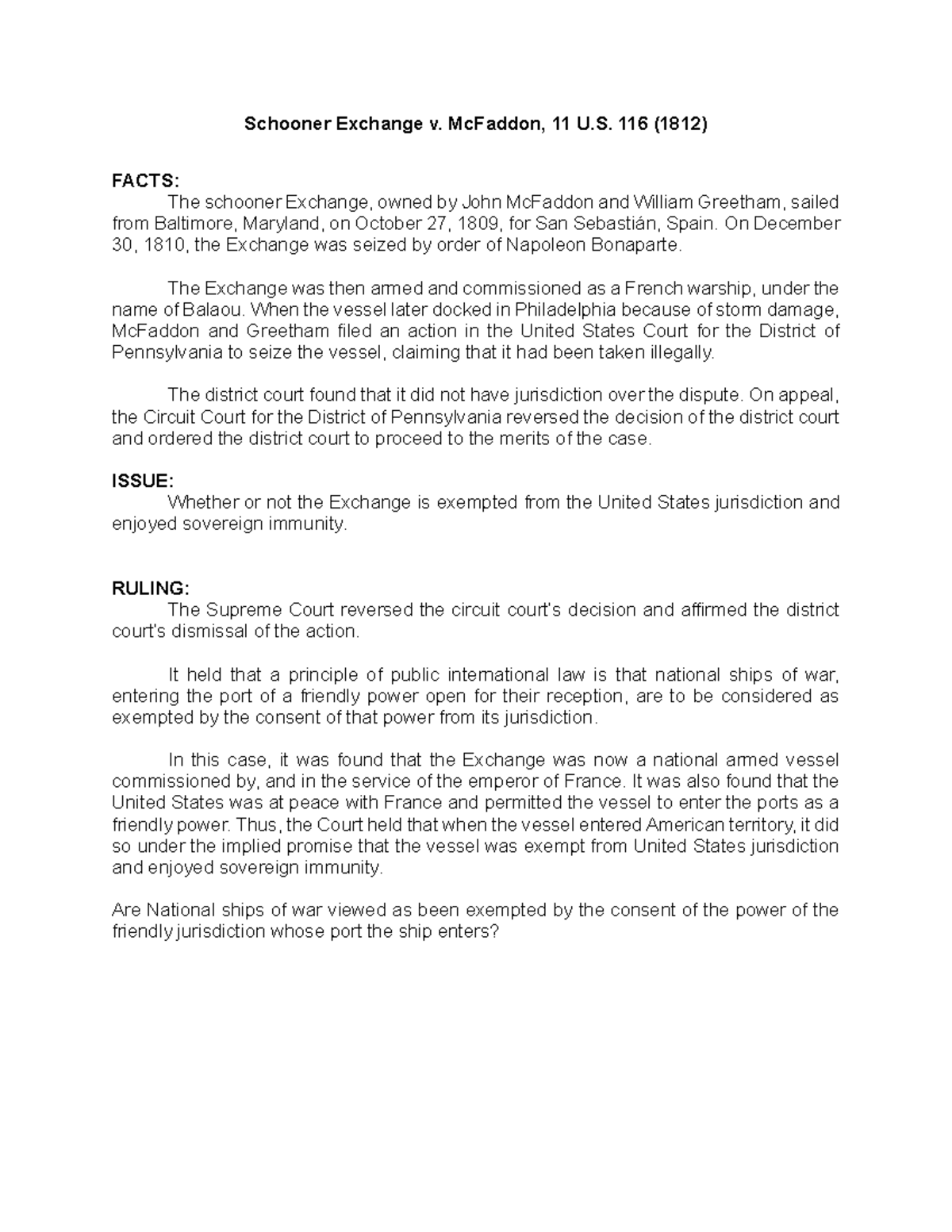 Schooner Exchange v. McFaddon: Jurisdiction & Sovereign Immunity Case ...