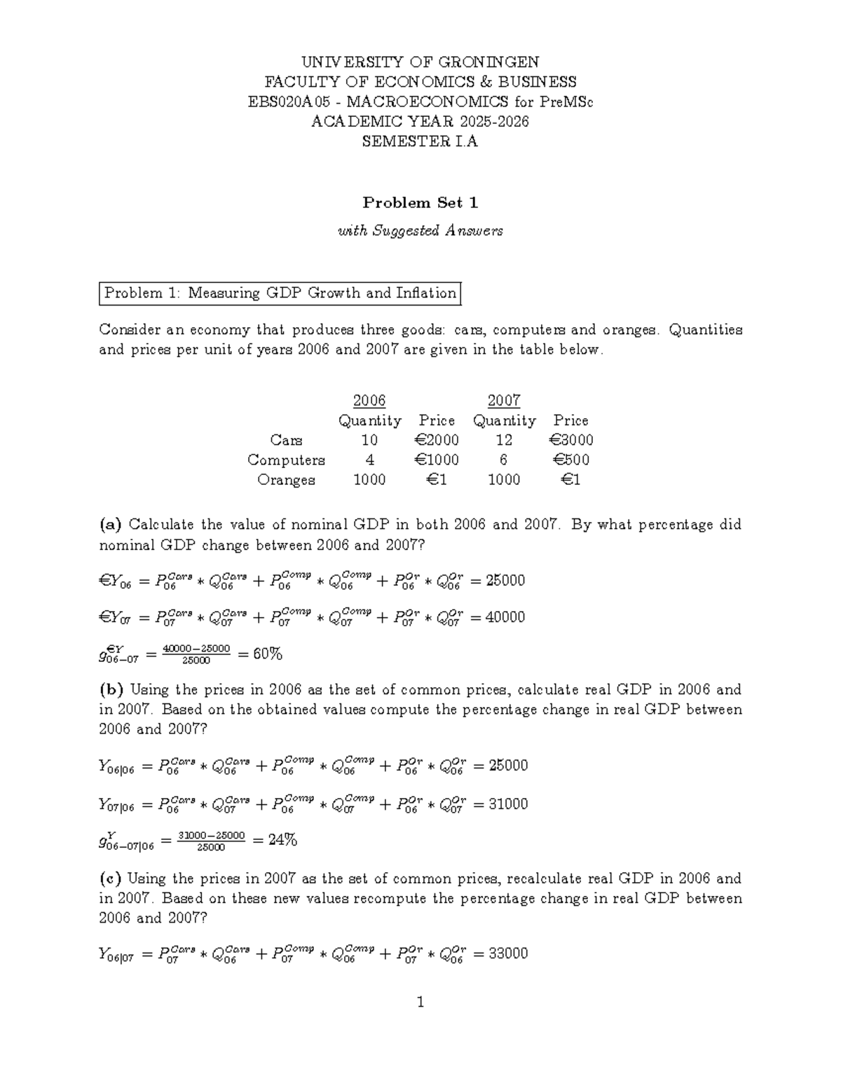 EBS020A05 Macroeconomics PreMSc Problem Set 1 Solutions - Studeersnel