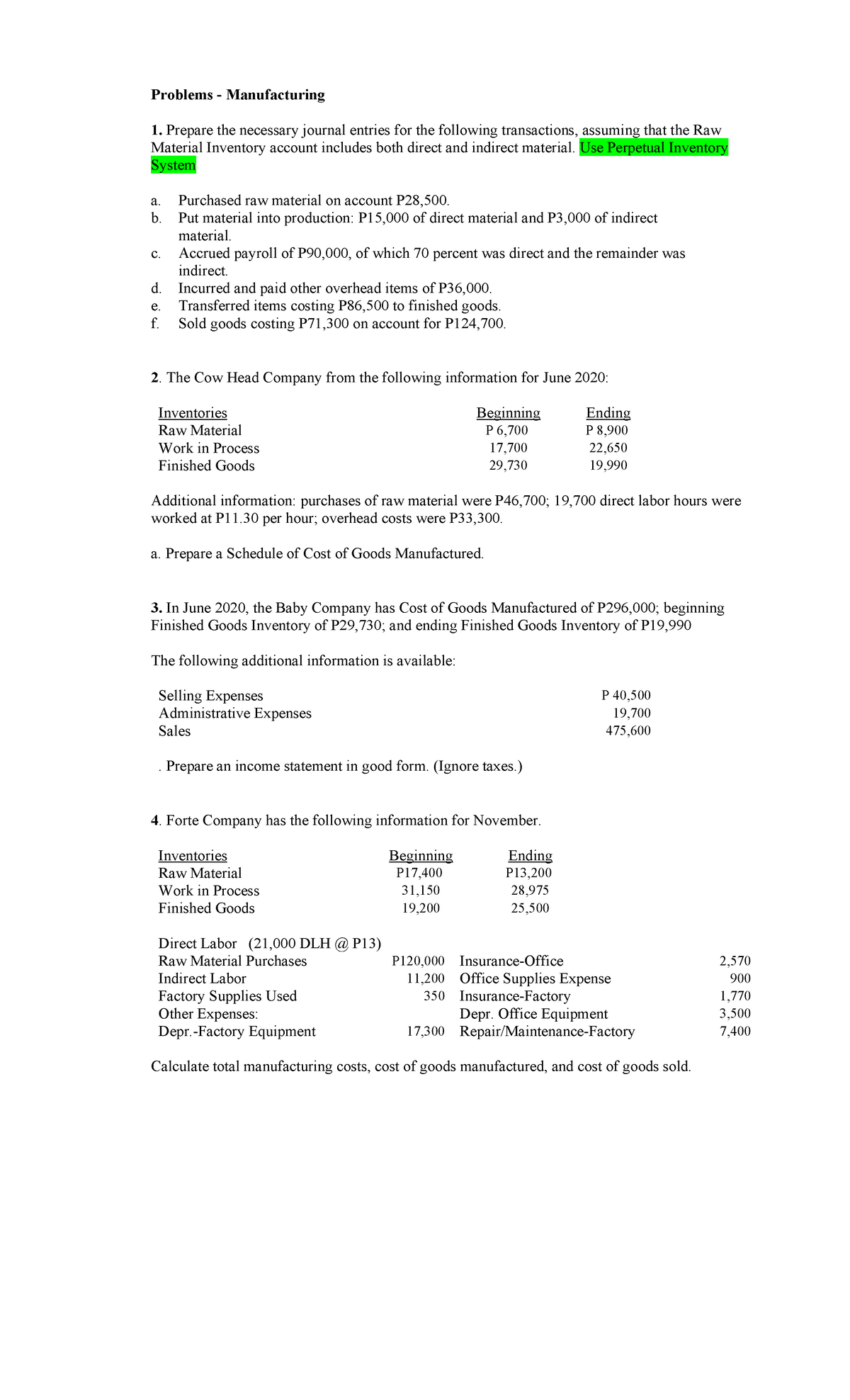 Manufacturing Problems and Journal Entries Analysis - MFG 101 - Studocu