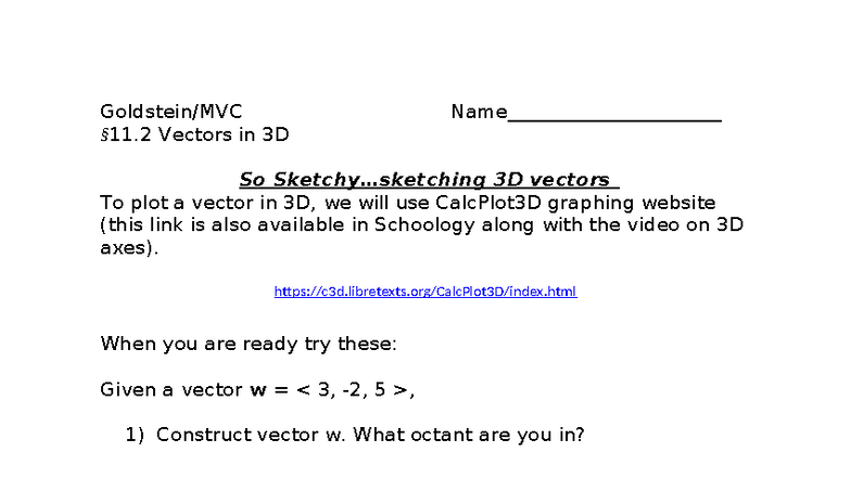 11.2 Day 1 3D Vector Graphing Practice and Exercises - Studocu