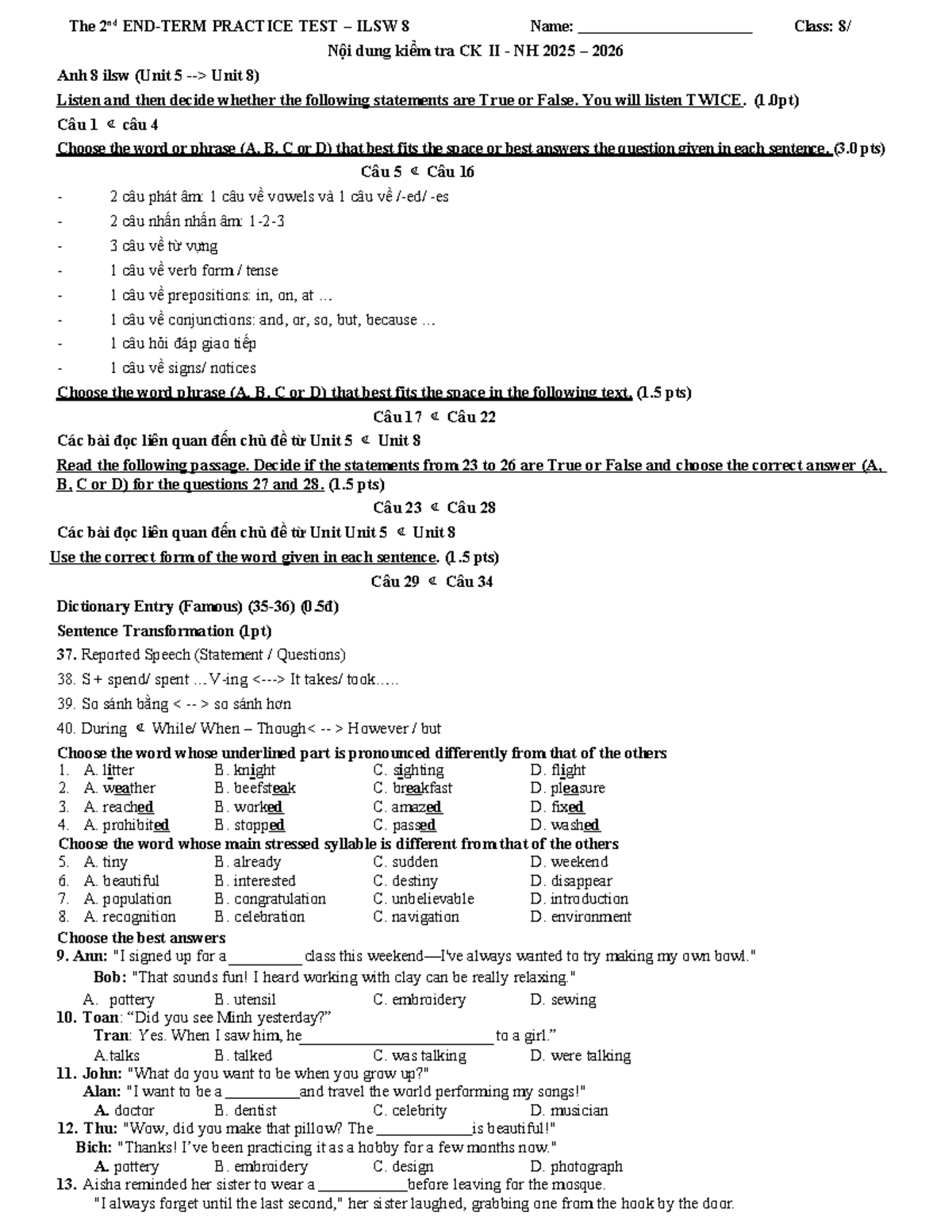 G8 Ôn cuối HKII - Practice Test Review for Year-End Exam - Studocu