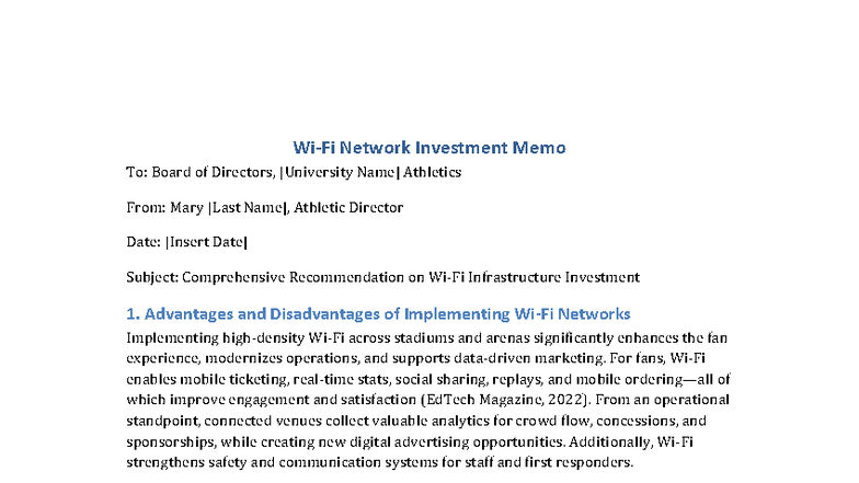 Wi-Fi Network Investment Memo: Recommendations for Board of Directors ...