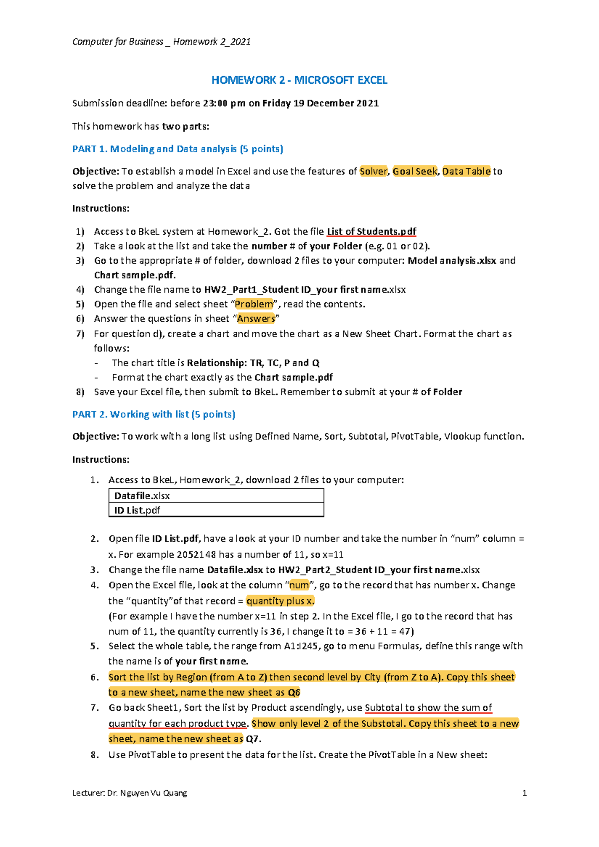Homework 2 Microsoft Excel - Computer for Business _ Homework 2 ...