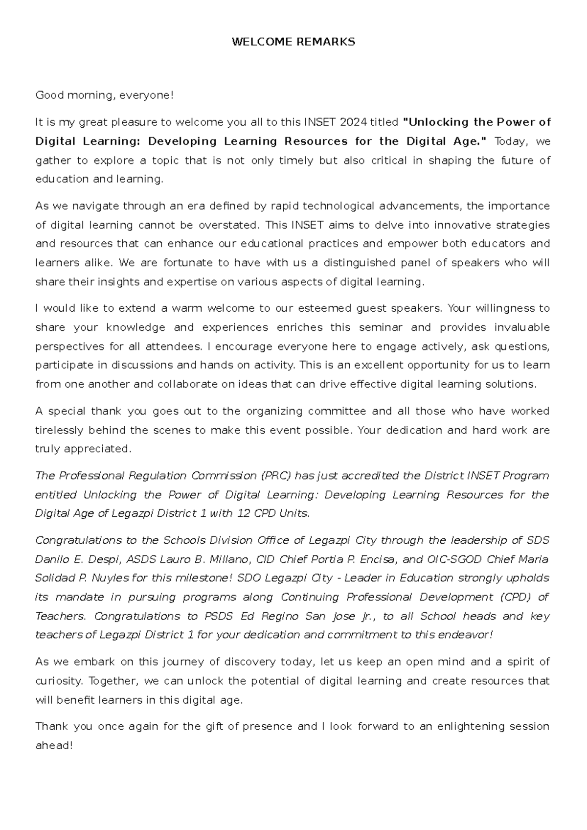 Welcome Remarks for INSET 2024: Digital Learning Resources - Studocu