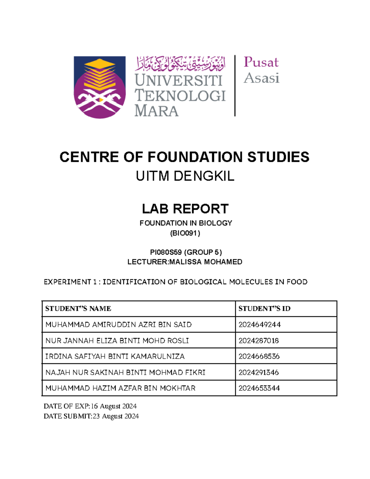 LAB REPORT: IDENTIFICATION OF BIOMOLECULES IN FOOD (BIO091) - Studocu