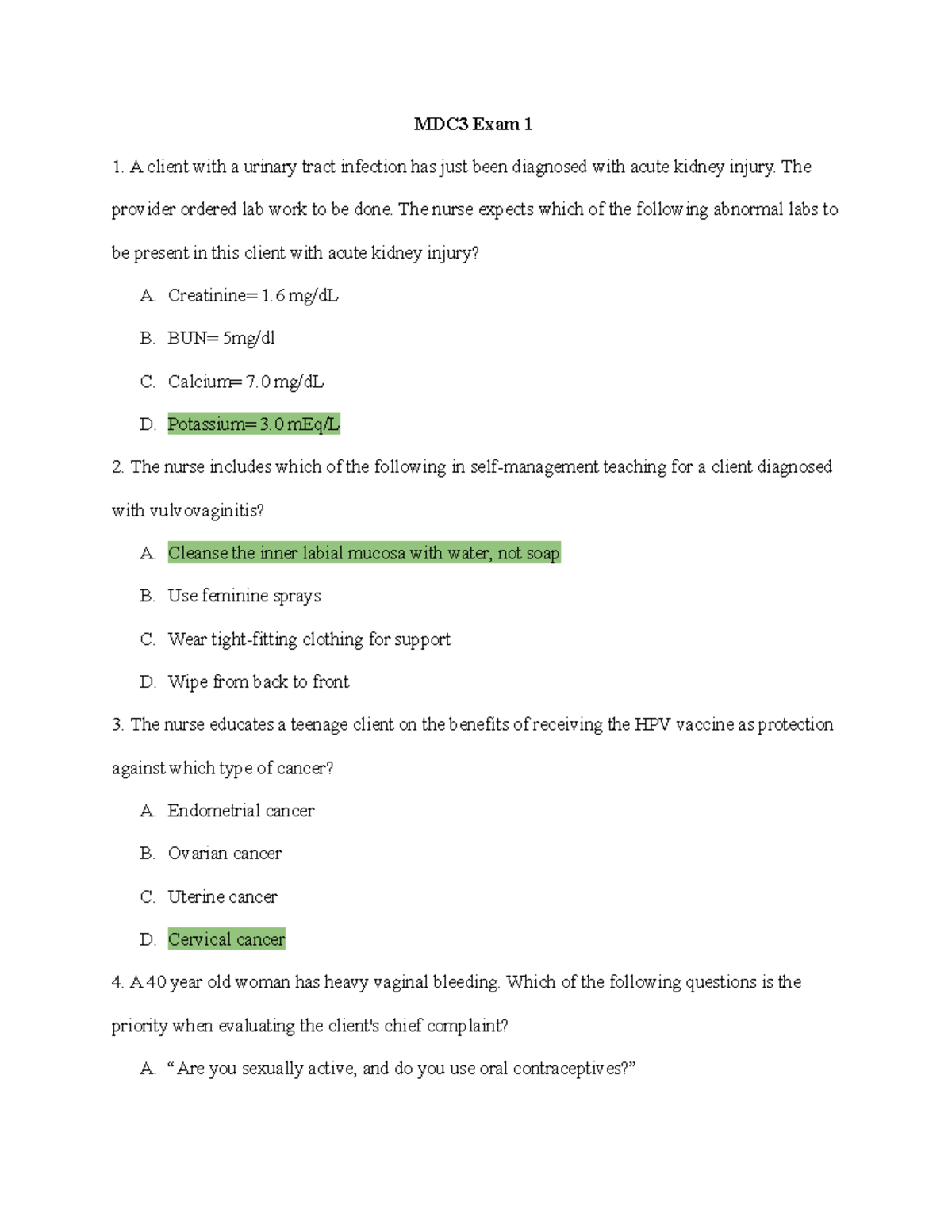 MDC3 Exam 1 - mdc - MDC3 Exam 1 A client with a urinary tract infection ...
