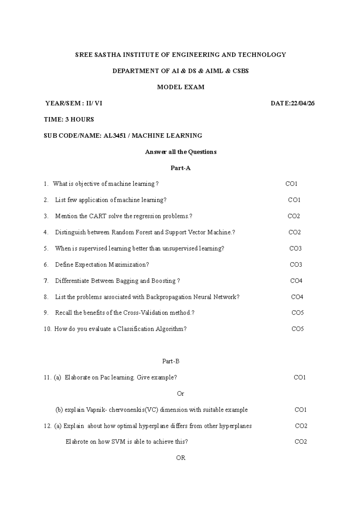 AL3451 Machine Learning Model Exam B Set: Questions & Answers - Studocu