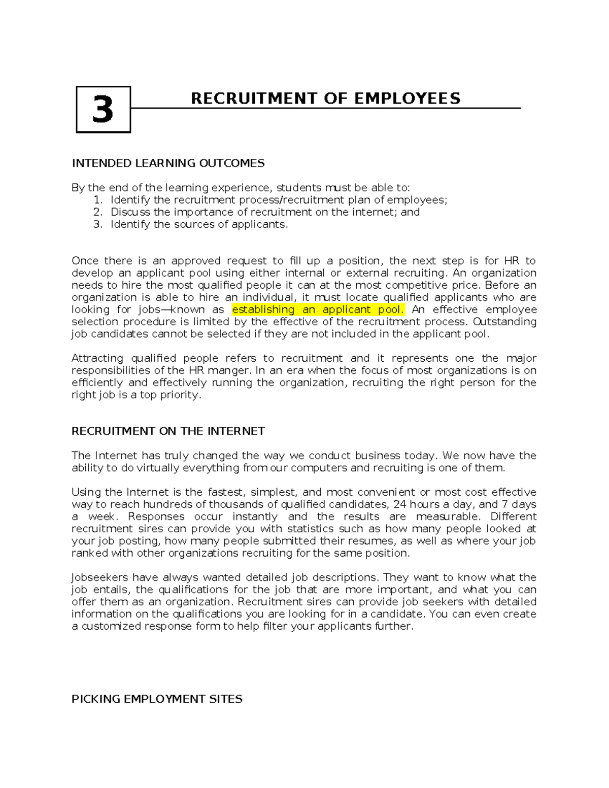 HRM3 - Recruitment of Employees: Learning Outcomes and Strategies - Studocu